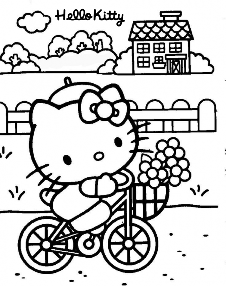 Hello Kitty riding her bike coloring page | BubaKids.com