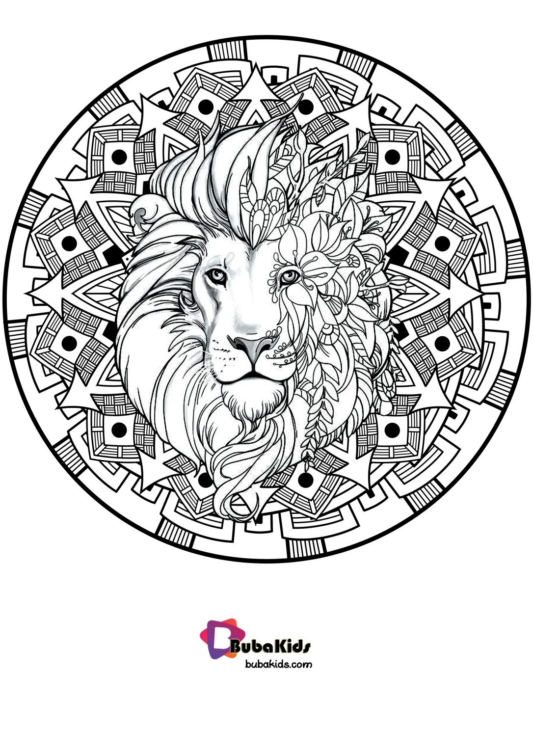 Mandala with Lion Coloring Printable Free | BubaKids.com