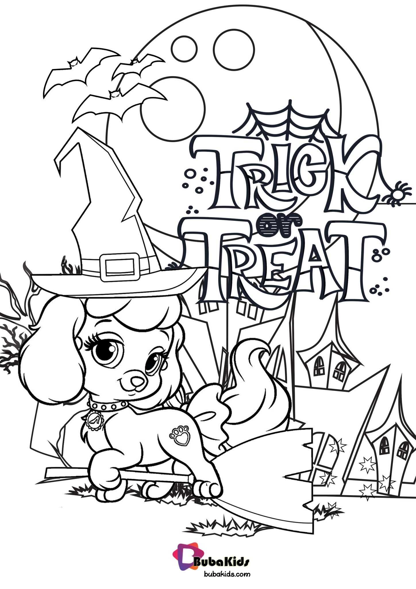 Cute Dog Happy Halloween Trick Or Treat Coloring Page | BubaKids.com