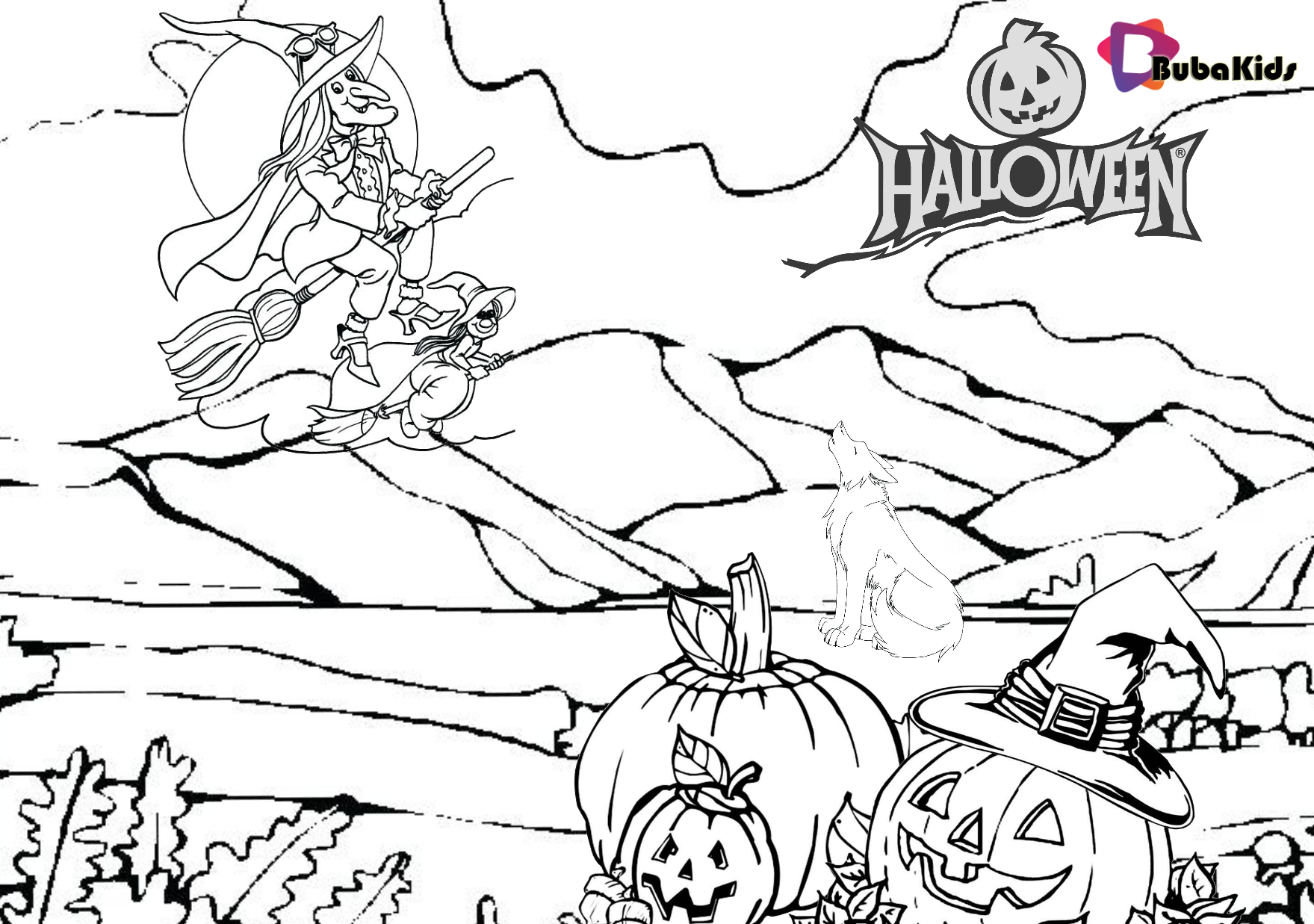 Halloween landscape, flying witch and pumpkins printable coloring page ...