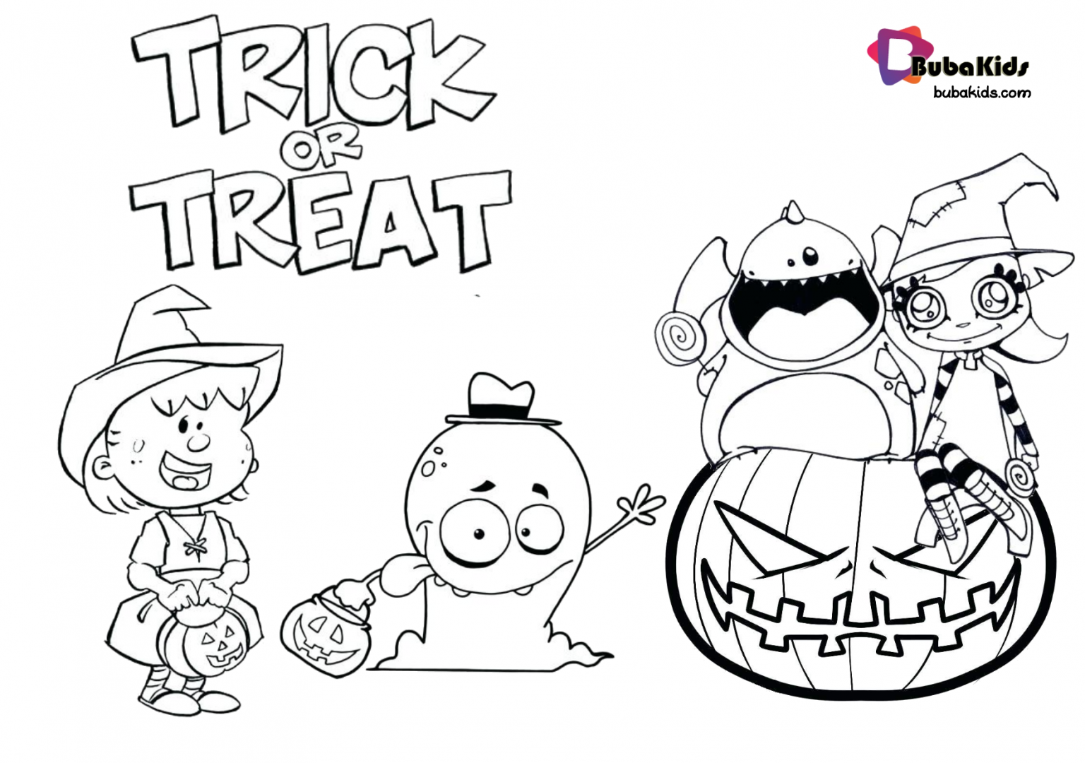 Treat or trick halloween free printable coloring pages. | BubaKids.com