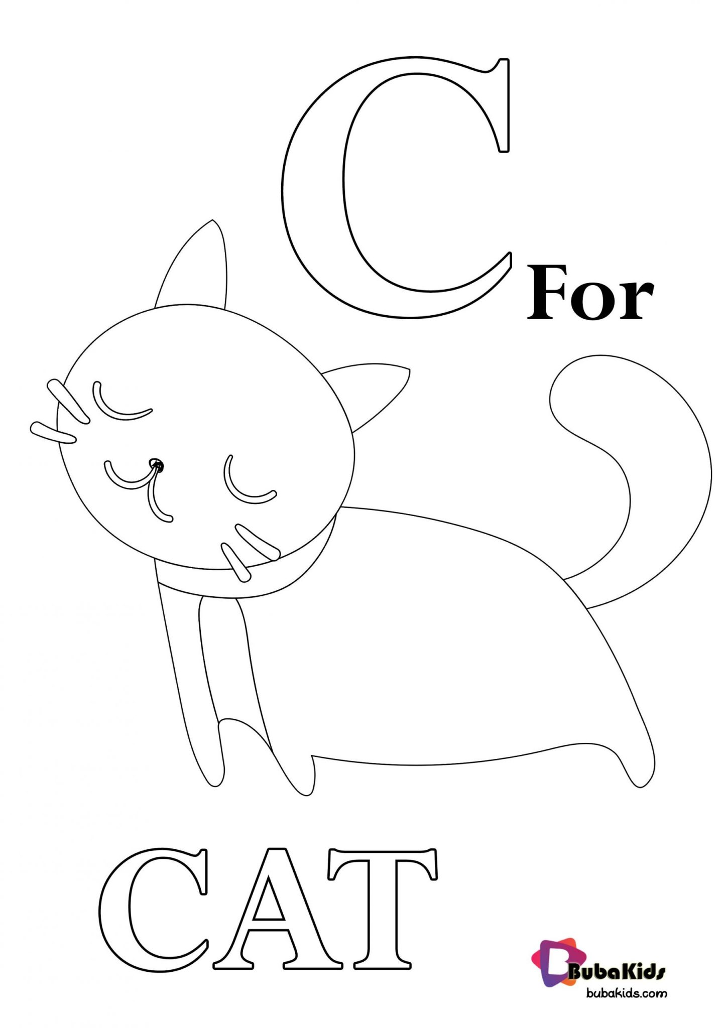 C for Cat Alphabet Printable Coloring Page | BubaKids.com