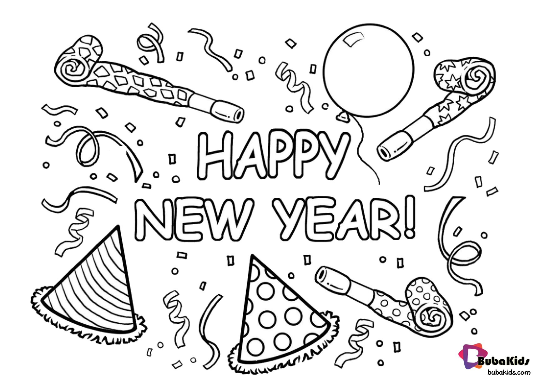 Free download happy new year printable coloring page. | BubaKids.com