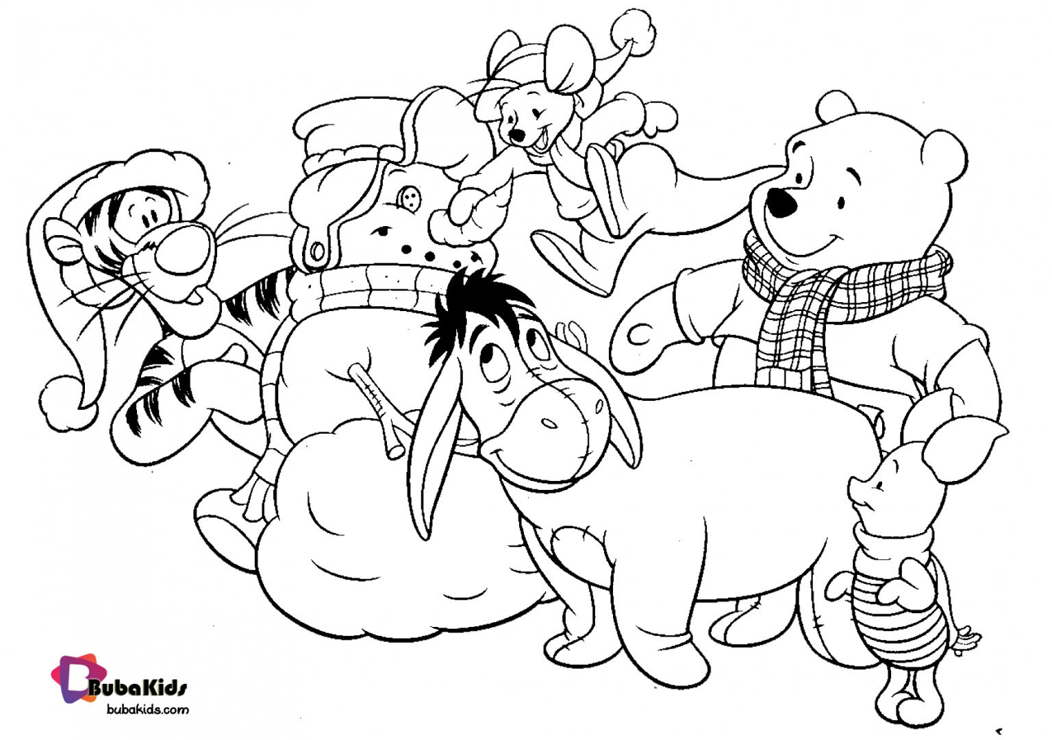 Pooh and friends christmas coloring page. | BubaKids.com