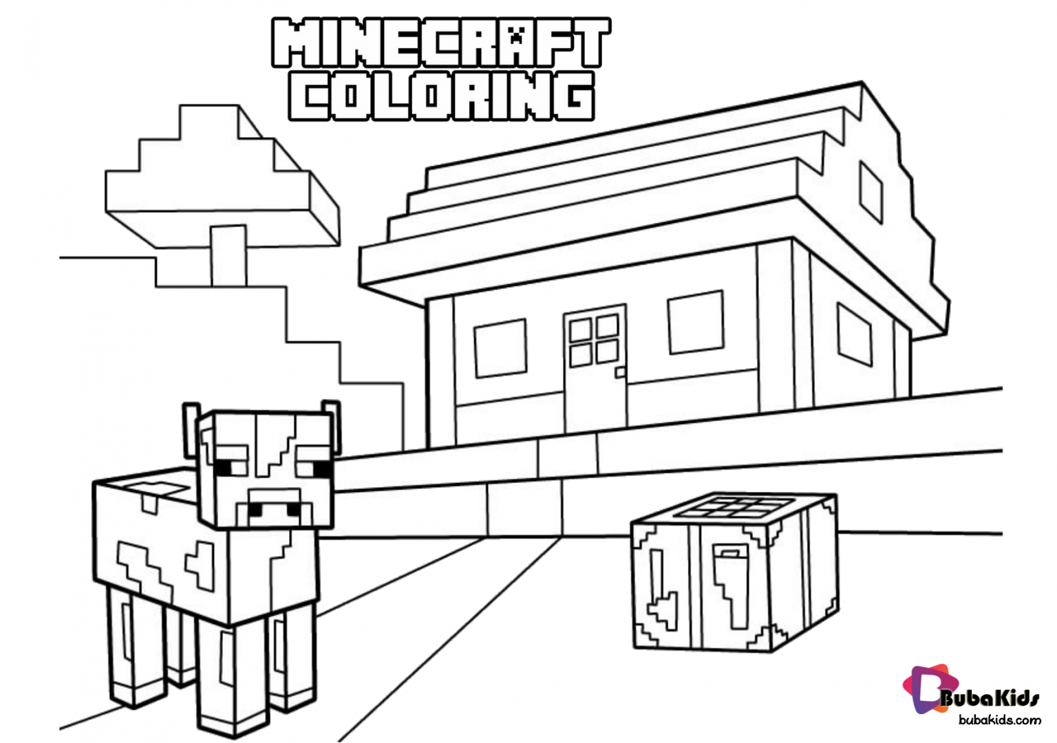 Printable Minecraft Cow With House coloring page | BubaKids.com