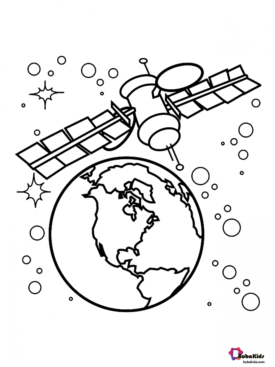 Outer space satellite orbiting earth coloring page | BubaKids.com