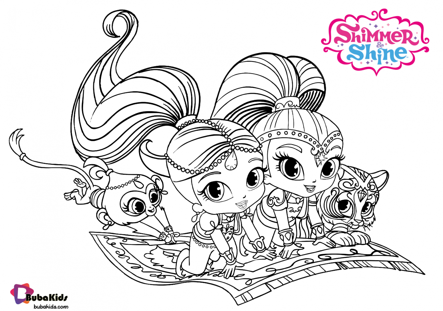 Shimmer and Shine on flying carpet coloring pages | BubaKids.com