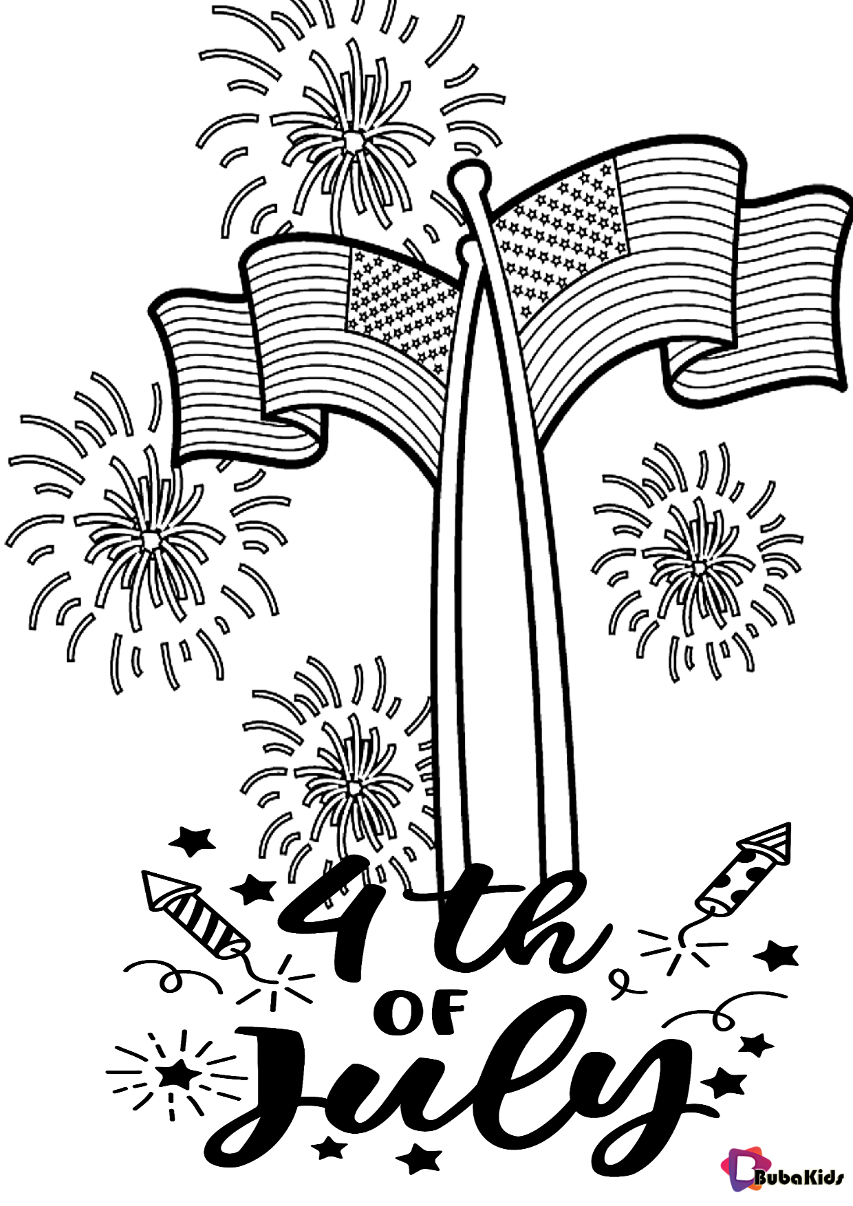 Fireworks flags 4th of July Independence Day coloring page | BubaKids.com