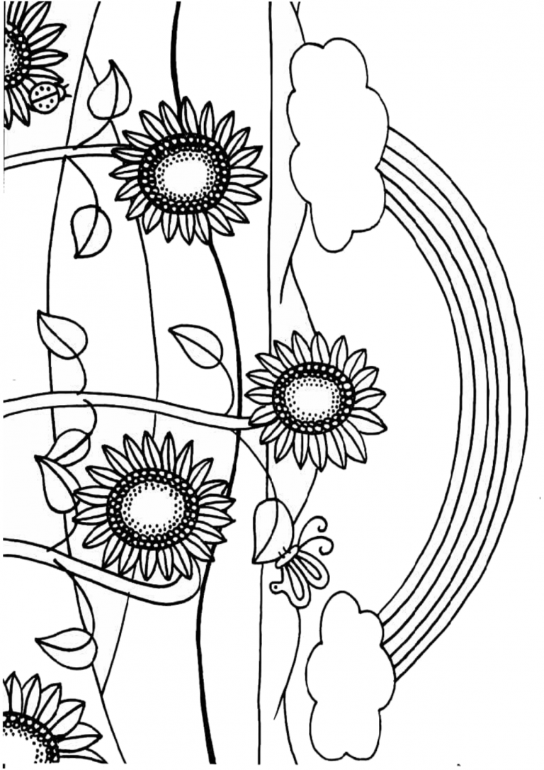 Beautiful rainbow and sun flowers coloring pages | BubaKids.com