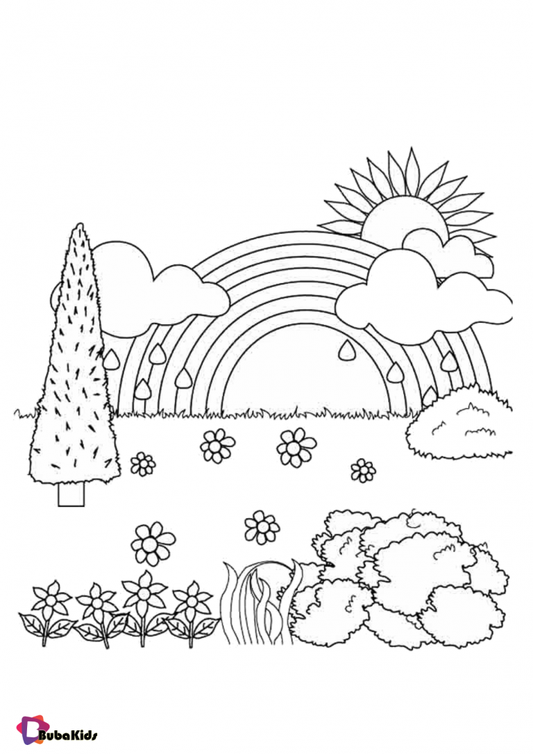 Rainbow sun cloud tree and flowers coloring pages | BubaKids.com