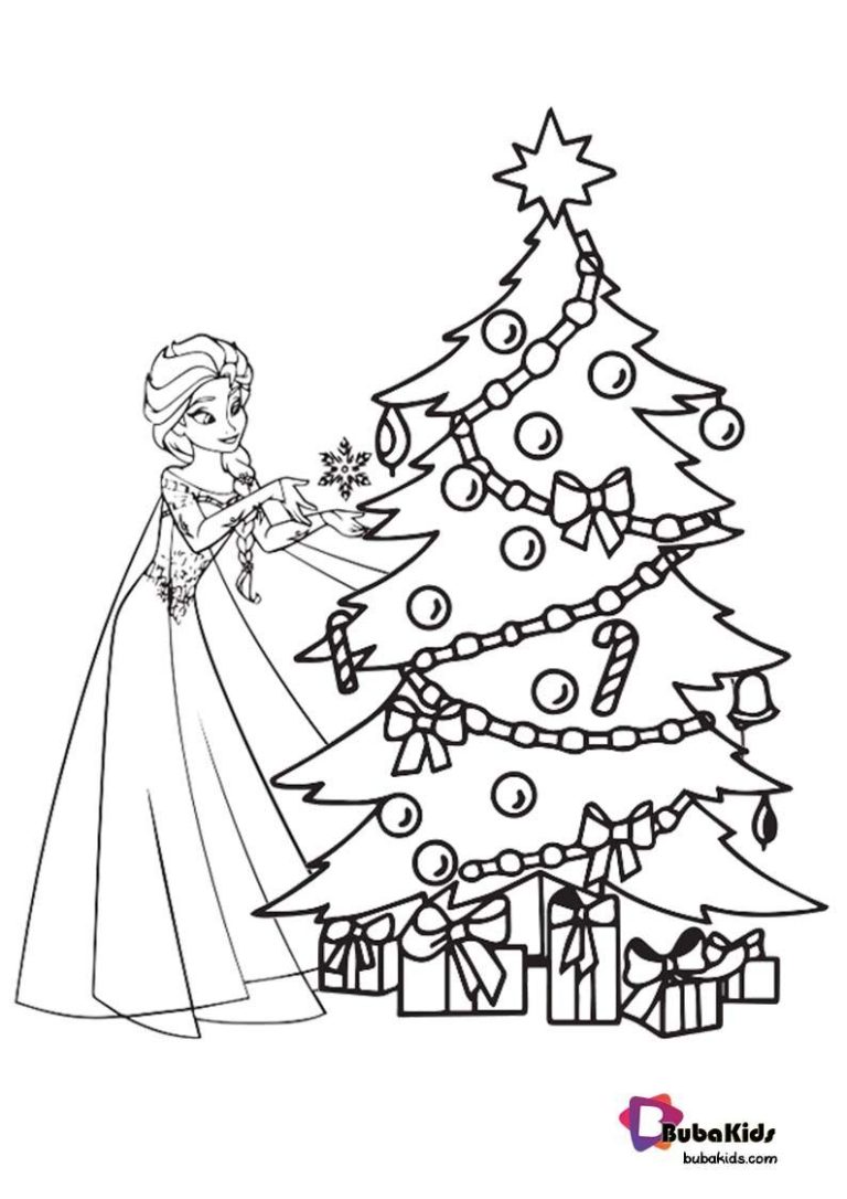 Princess elsa and christmas tree coloring page | BubaKids.com