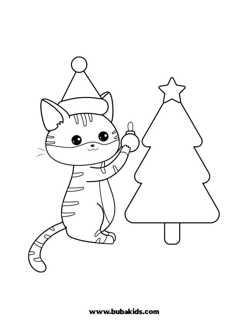 Kawaii christmas cat coloring page for kids | BubaKids.com