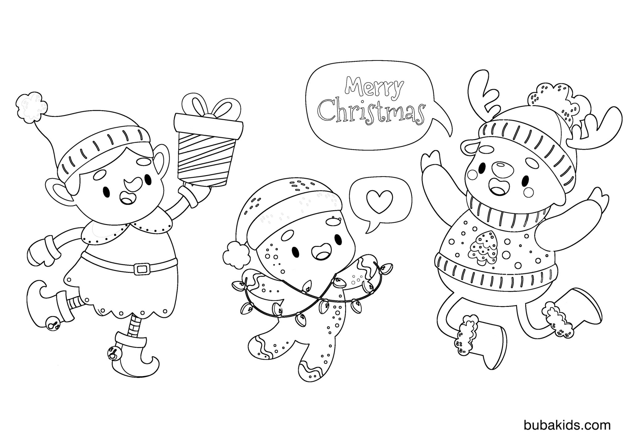 Christmas characters Elf Gingerbread Man and Reindeer coloring page ...