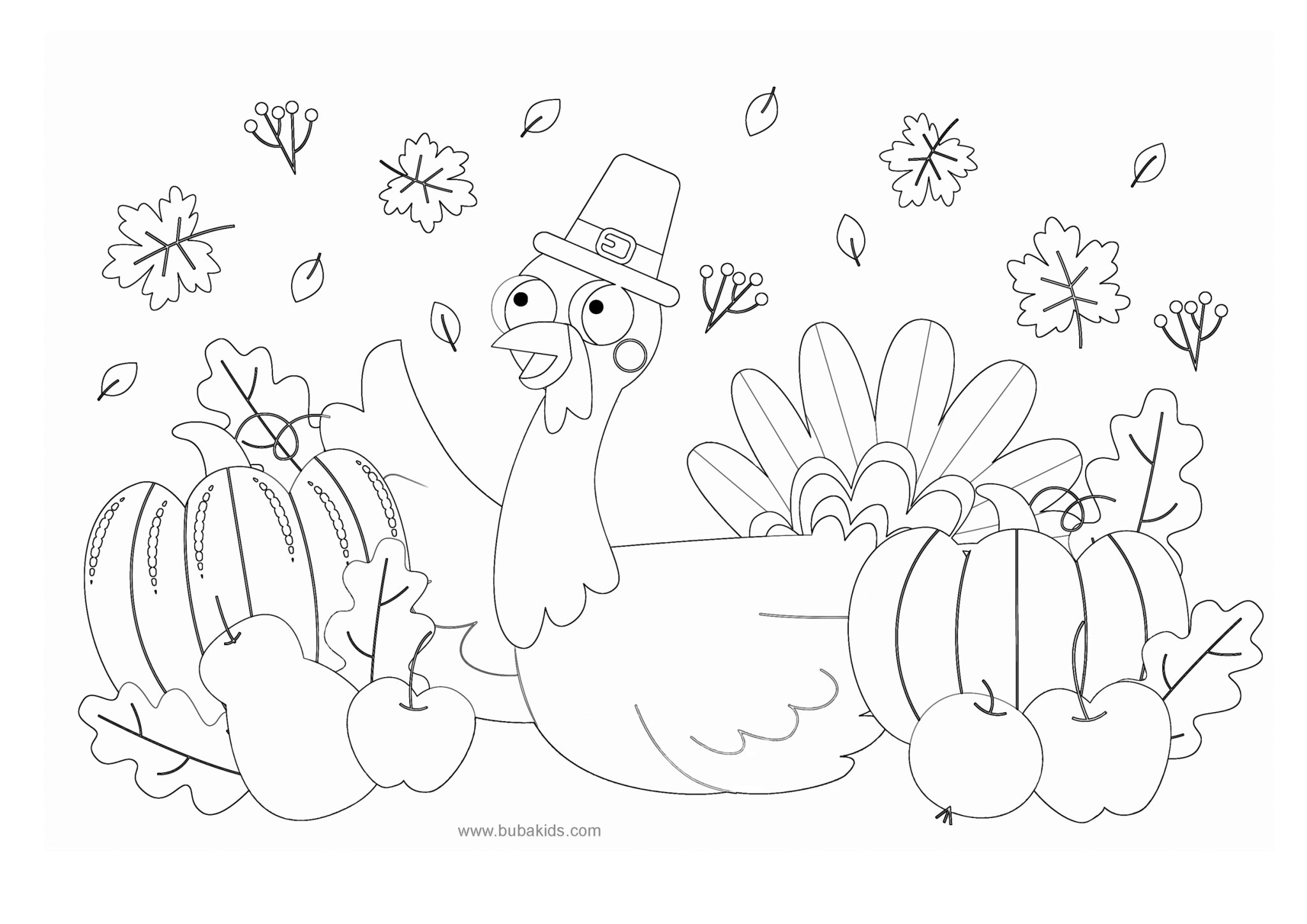 Happy Thanksgiving coloring page turkey and pumpkins | BubaKids.com
