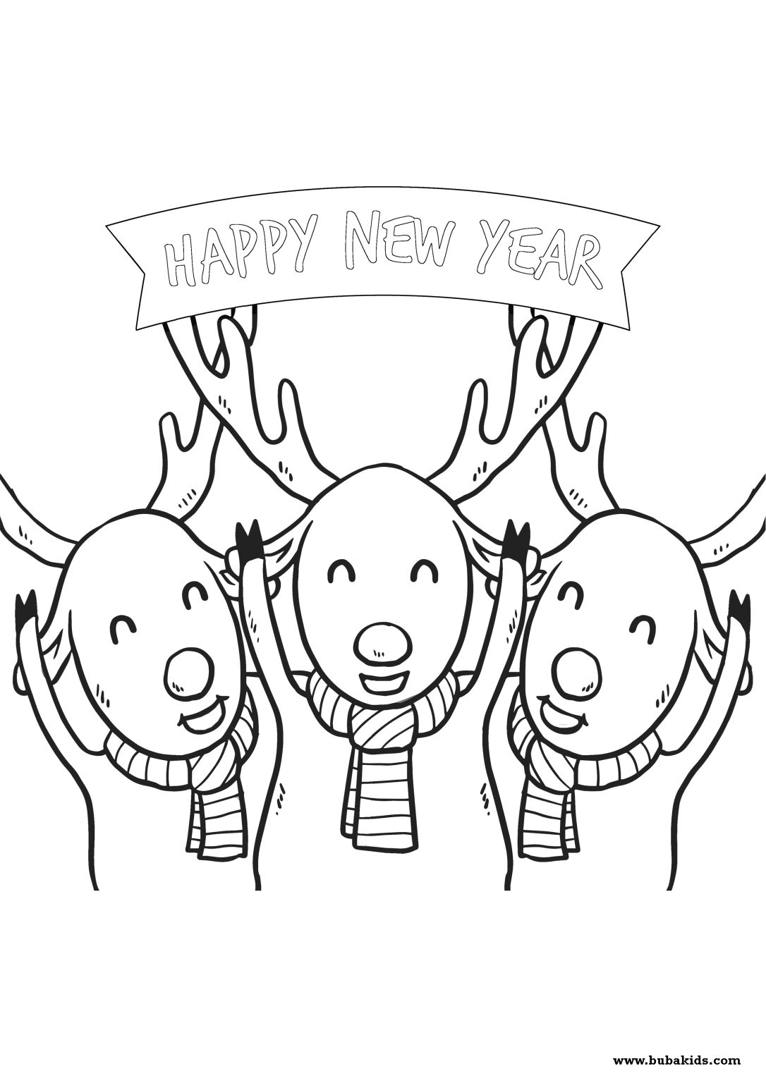 Happy New Year reindeer coloring page | BubaKids.com