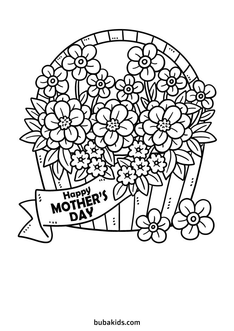 Happy Mother's Day Basket Flowers Coloring Page | BubaKids.com