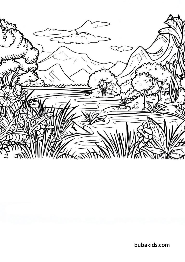 nature landscape mountain and trees coloring page | BubaKids.com