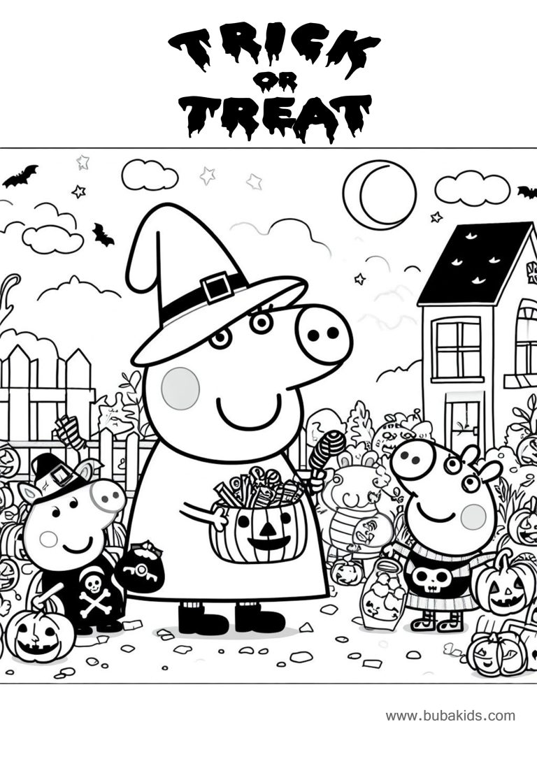 Peppa pig trick or treat halloween coloring page | BubaKids.com