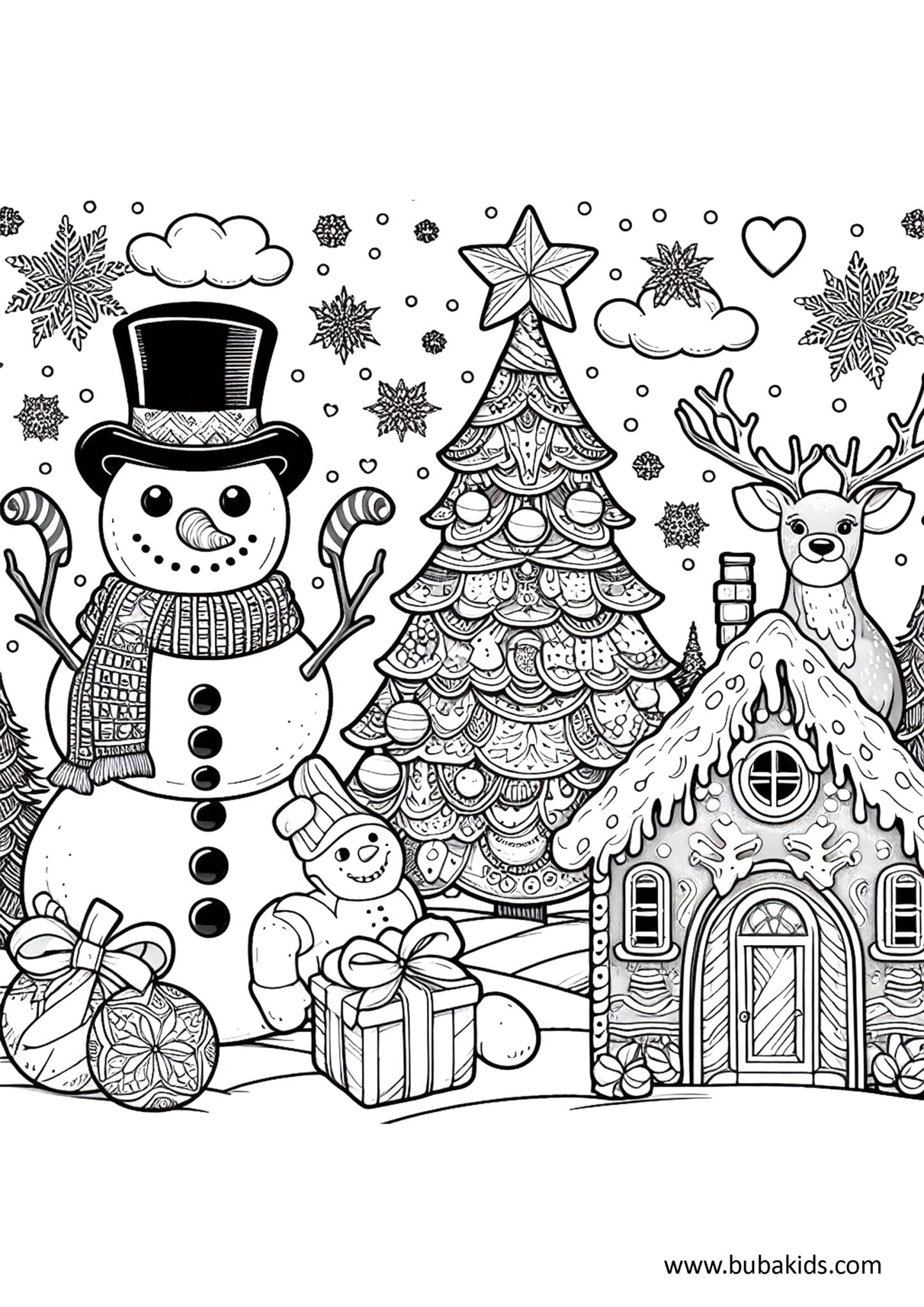 christmas tree snowman christmas theme coloring page | BubaKids.com