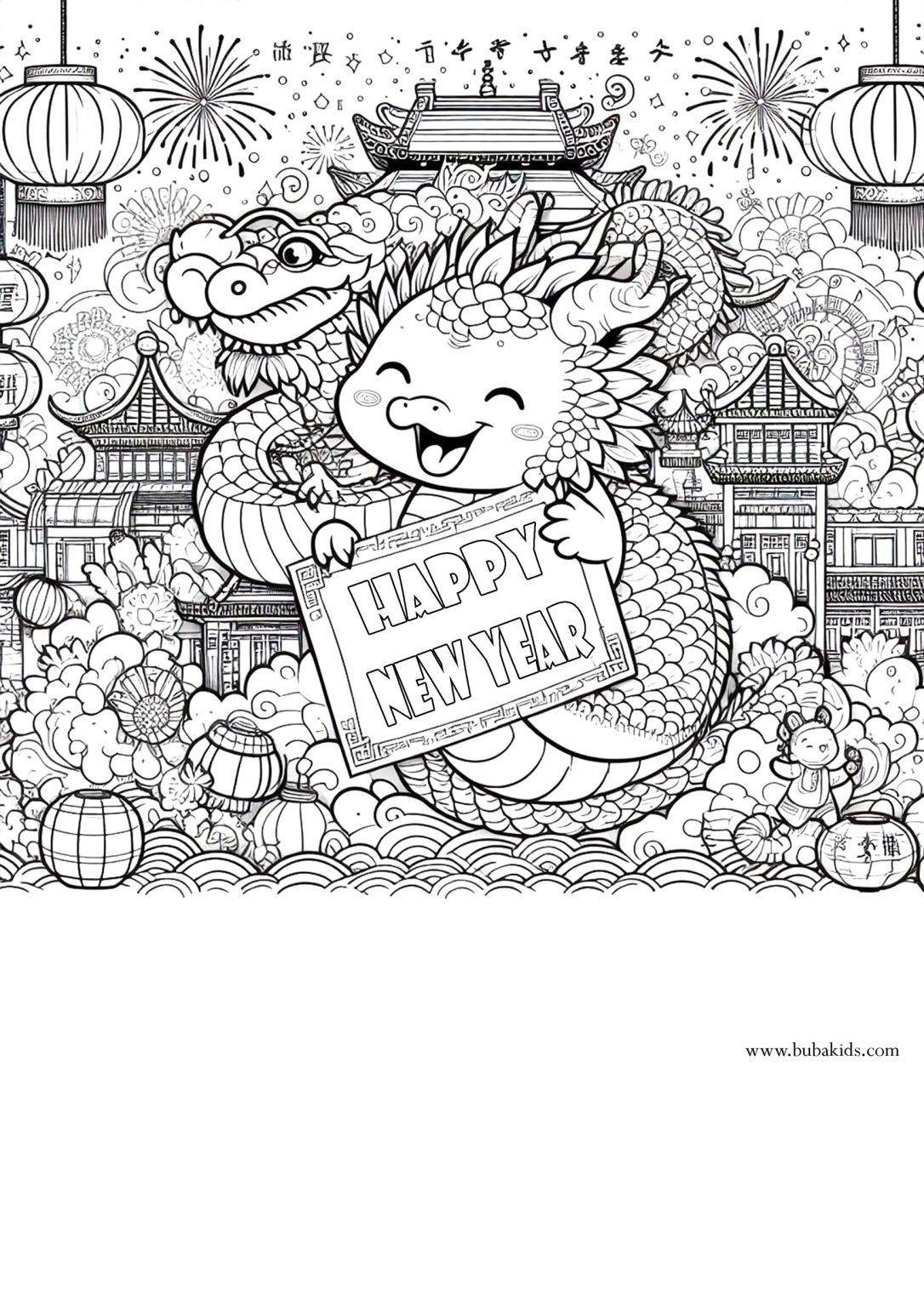 happy new year 2024 dragon and lanterns coloring page chinese new year ...