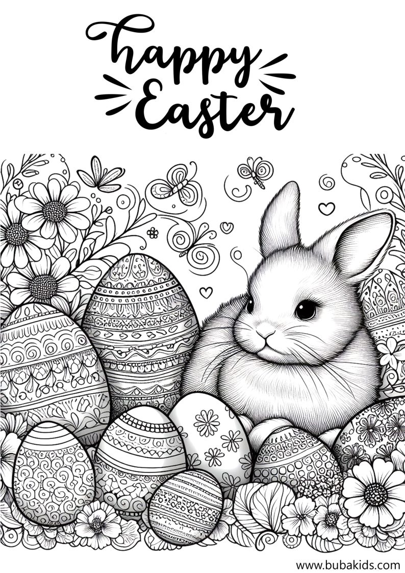 eggs and bunny easter coloring page | BubaKids.com