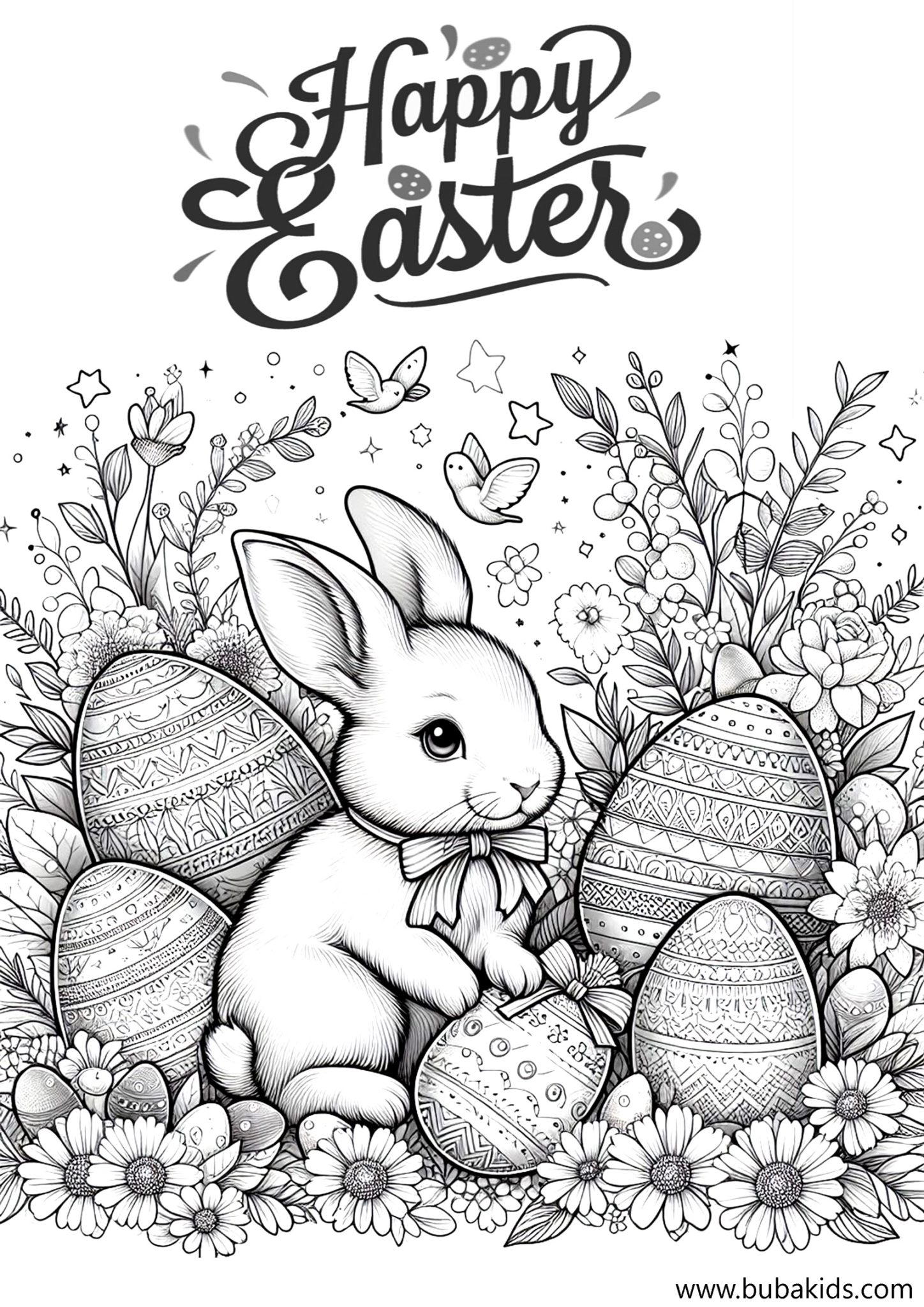 happy easter coloring eggs and bunny coloring page | BubaKids.com