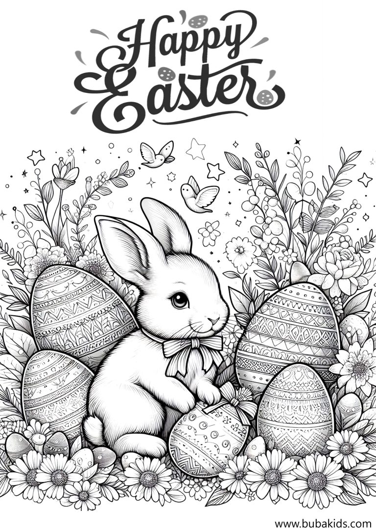 happy easter coloring eggs and bunny coloring page | BubaKids.com