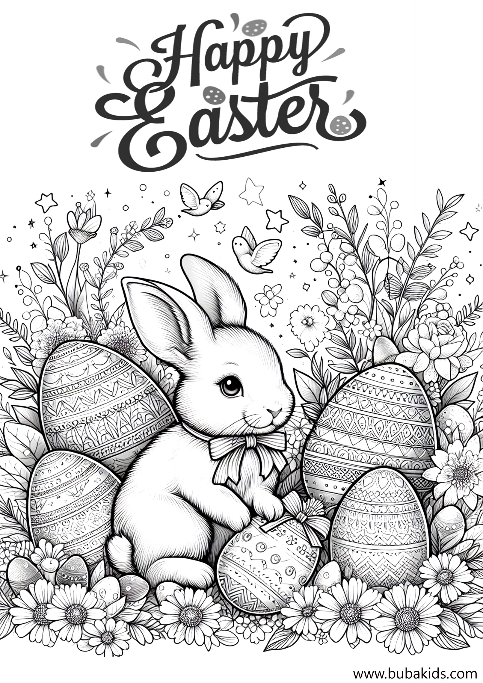 happy easter coloring eggs and bunny coloring page | BubaKids.com