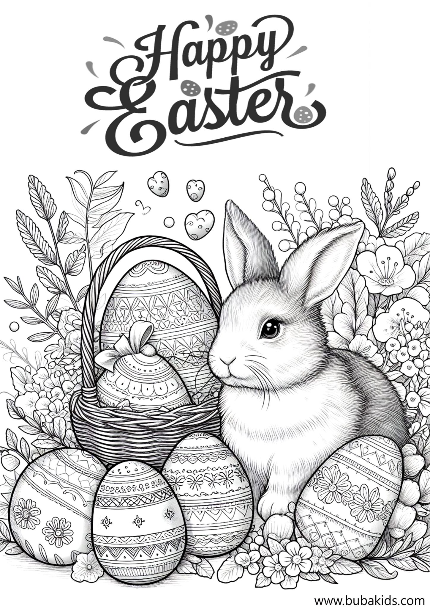 happy easter eggs and bunny bubakids coloring page | BubaKids.com