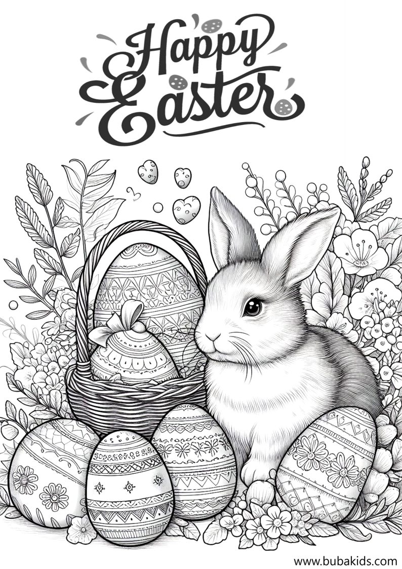happy easter eggs and bunny bubakids coloring page | BubaKids.com