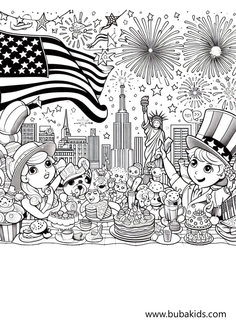 4th of July Independence Day celebration coloring page | BubaKids.com